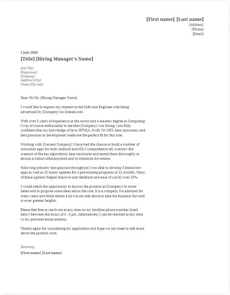 Cover Letter Template Software Engineer