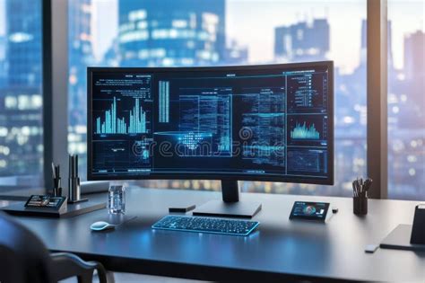 high tech workspace with a futuristic monitor and city skyline view