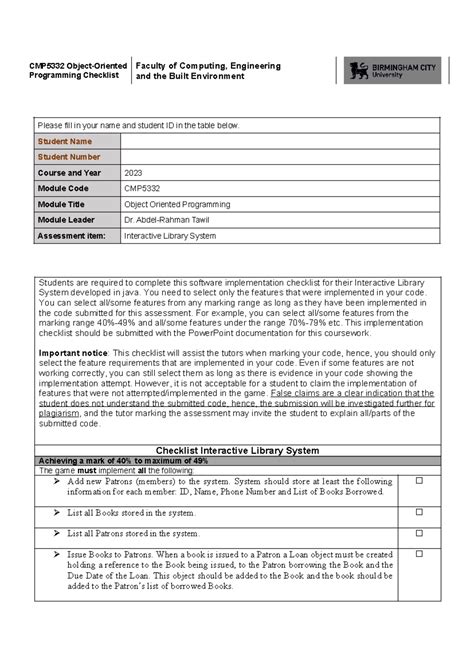 Cmp5332 Oop Checklist Interactive Library System Development In Java Cmp5332 Object Oriented