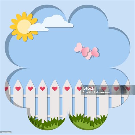 엽서 종이 컷아웃 벡터 삽화를 좋아합니다 푸른 하늘과 태양 배경에 푸른 잔디와 나비가 있는 흰색 울타리 나비에 대한 스톡 벡터 아트 및 기타 이미지 Istock