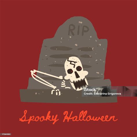 으스스한 할로윈 인사말 카드 아트 프린트 소름 끼치는 인간 해골이 있는 포스터 관에서 솟아오르는 불타는 붉은 눈동자를 가진 좀비 Hand로 그린 벡터 디자인 10월에 대한