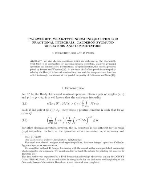 Pdf Two Weight Weak Type Norm Inequalities For Fractional Integrals Calderón Zygmund