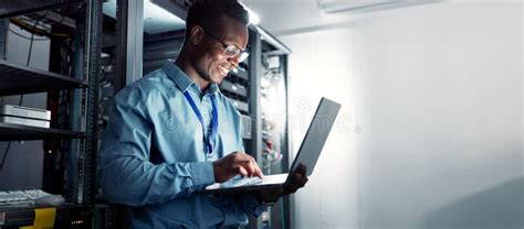 Laptop Server Room And Black Man On Network For Maintenance