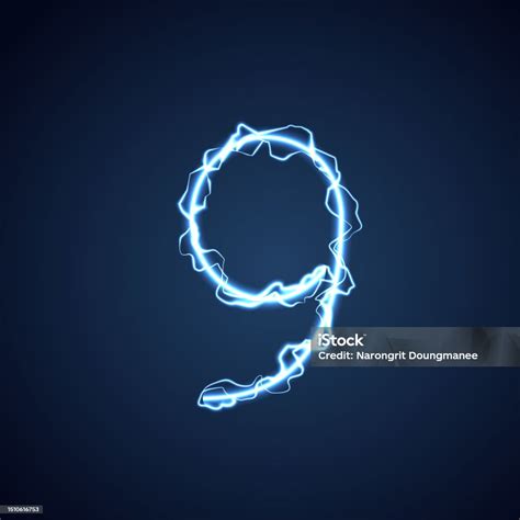 파란색 번개 스타일 문자 또는 알파벳 9 번개와 벼락 또는 전기 글꼴 파란색 배경에 글로우 및 반짝임 효과 벡터 디자인 개념에