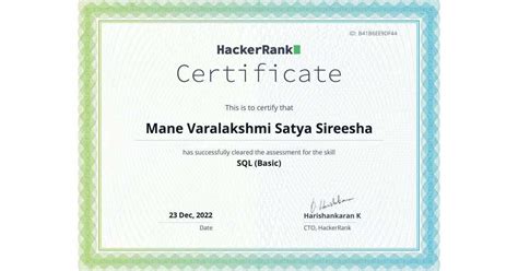 Varalakshmi Satya Sireesha Mane On Linkedin Hackerrank Skill Certificate