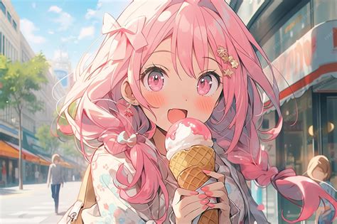 Premium Photo Cute Happy Kawaii Anime Girl With Pink Hair Eating Ice