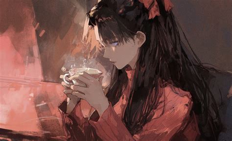 Safebooru 1girl 96yottea Black Hair Blue Eyes Bow Closed Mouth Cup