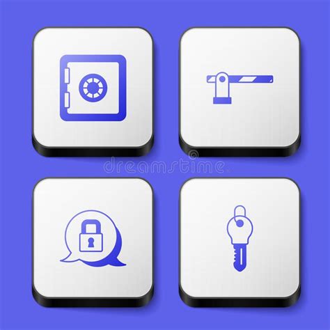 Set Safe Parking Car Barrier Lock And Key Icon White Square Button Vector Stock Vector