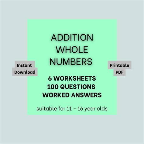 Addition Whole Numbers Printable Maths Worksheets 100 Questions