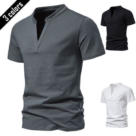 Solid Color V Neck T Shirt For Men With Stylish Small Stand Collar Shopee Malaysia