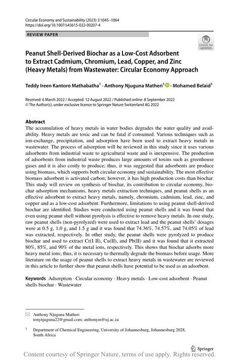 Peanut Shell Derived Biochar As A Low Cost Adsorbent To Extract Cadmium Chromium Lead Copper