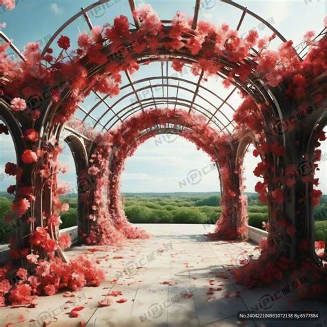 Ai创作图红色花朵遍布轻盈的廊架 绿叶与花朵缠绕遍布 背景只有天空和大地 像一个花朵的时光隧道隧道 浪漫唯美 昵图网
