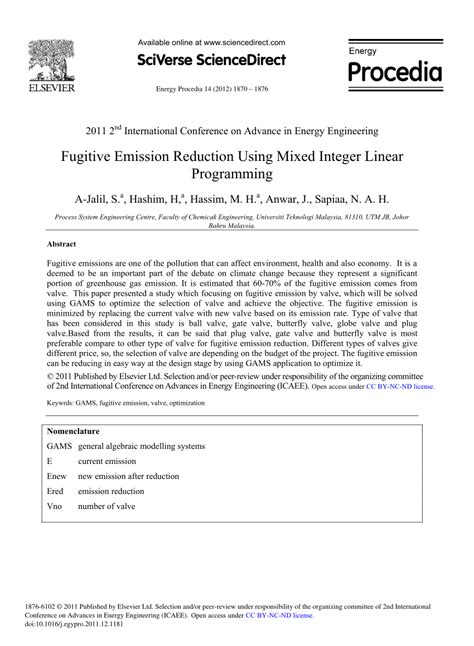 Pdf Fugitive Emission Reduction Using Mixed Integer Linear Programming