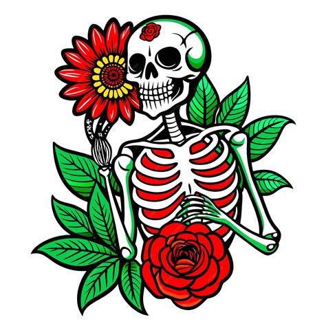 A Drawing Of A Skeleton With A Flower And A Red Rose Premium Ai