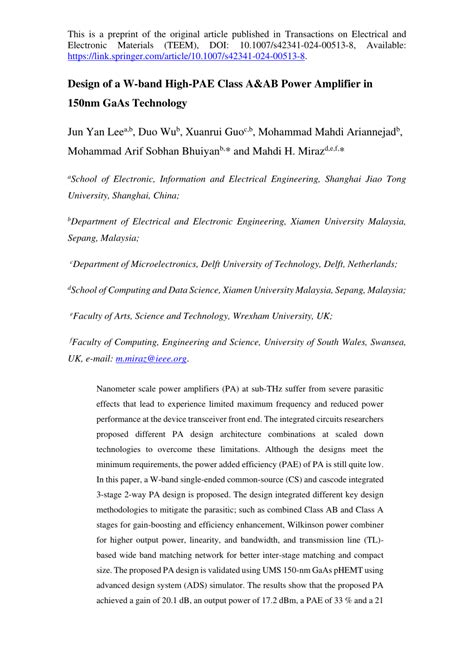 Pdf Design Of A W Band High Pae Class A And Ab Power Amplifier In 150 Nm Gaas Technology