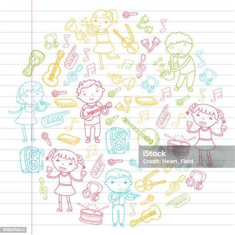 음악 학교 아이 들 벡터 일러스트 어린이 대 한 노래를 노래 연주 악기 유치원 낙서 아이콘 컬렉션 아이 들 음악 레슨에 대 한 그림 2 3 살에 대한 스톡 벡터 아트 및
