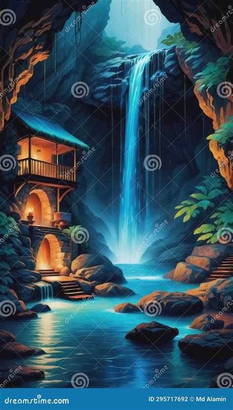 Imposing Subterranean Spa Wet Cave Cascading Waterfall And The Serene Blue Illumination