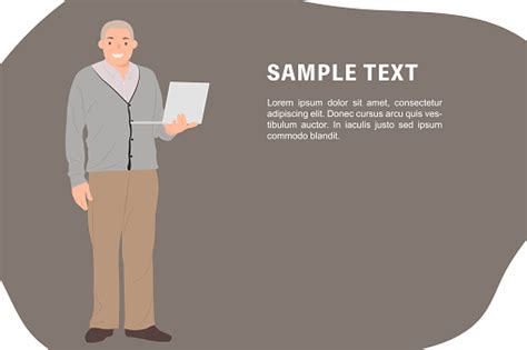 만화 사람들 문자 디자인 배너 서식 파일 수석 남자 서 있고 웃는 얼굴로 노트북을 들고 귀여운에 대한 스톡 벡터 아트 및 기타