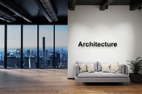 스카이라인 전망과 현대적인 클린 오피스 대기 공간 리셉션 건축 글자 벽 3d 일러스트레이션 가구에 대한 스톡 사진 및 기타 이미지 Istock