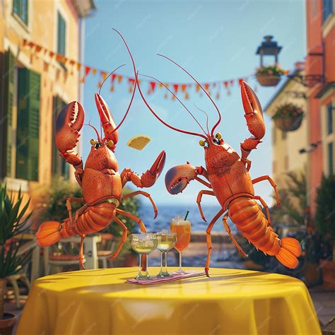 Premium Photo Two Lobsters Dancing On A Table With A Yellow Tablecloth