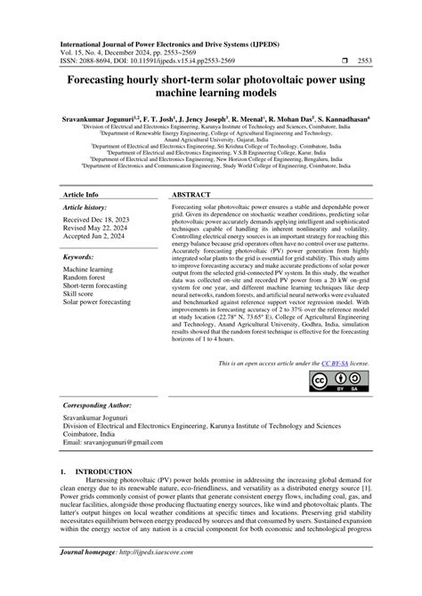Pdf Forecasting Hourly Short Term Solar Photovoltaic Power Using Machine Learning Models