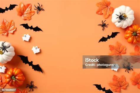 호박 박쥐 단풍잎 거미가 있는 할로윈 휴가 배경 할로윈 파티 초대장 디자인 10월에 대한 스톡 사진 및 기타 이미지 10월 가을 개념 Istock
