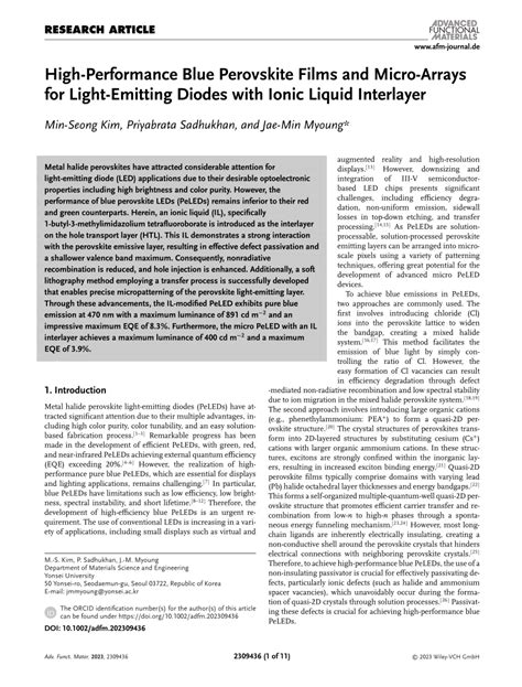 High‐performance Blue Perovskite Films And Micro‐arrays For Light‐emitting Diodes With Ionic