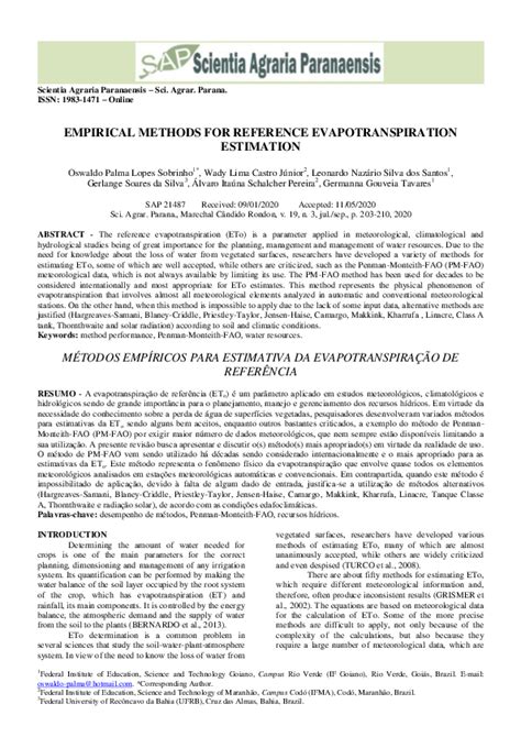 Pdf Empirical Methods For Reference Evapotranspiration Estimation