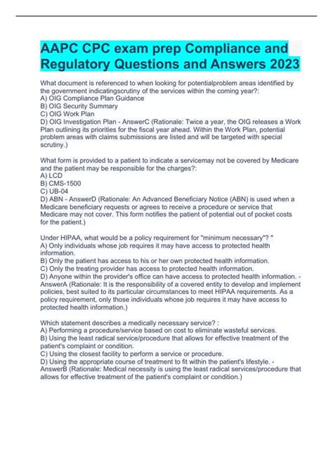 Aapc Cpc Exam Prep Compliance And Regulatory Questions And Answers 2023