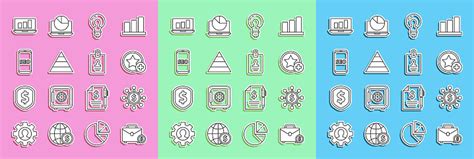 세트 라인 서류 가방 및 돈 달러 공유 네트워크 스타 아이디어의 개념과 전구 피라미드 차트 인포 그래픽 휴대 전화 Seo 최적화 노트북 및 식별 배지 아이콘 벡터 1위에