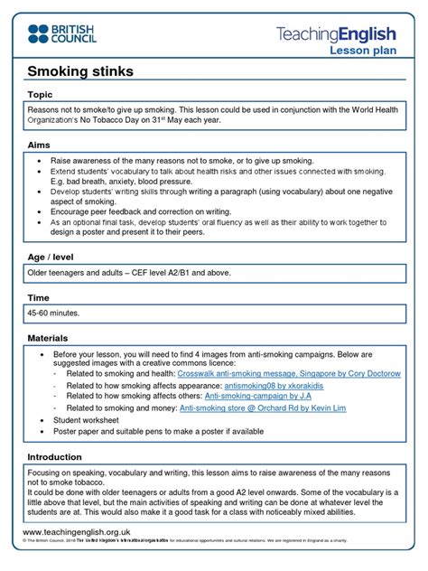 Smoking Stinks Lesson Plan Pdf Tobacco Smoking Addiction