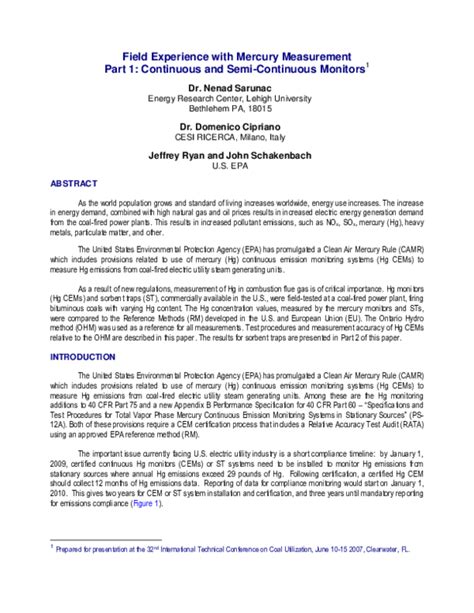 Pdf Field Experience With Mercury Measurement Part 1 Continuous And