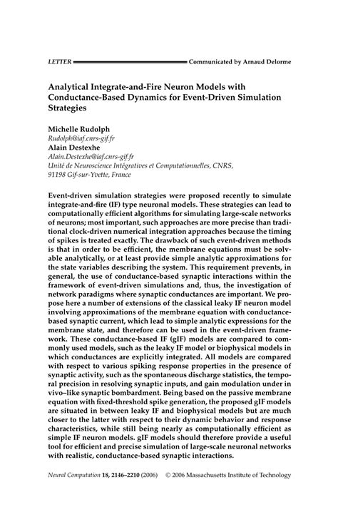 Pdf Analytical Integrate And Fire Neuron Models With Conductance Based Dynamics For Event