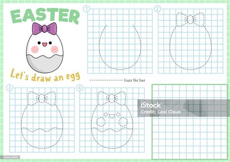 부활절 단계별 그리기 워크 시트 계란을 그리는 방법 그림을 예시 활동으로 완성한다 벡터 봄 휴일 쓰기 연습 워크시트 인쇄 가능한 정원 색칠하기 가공의 인물에 대한 스톡 벡터