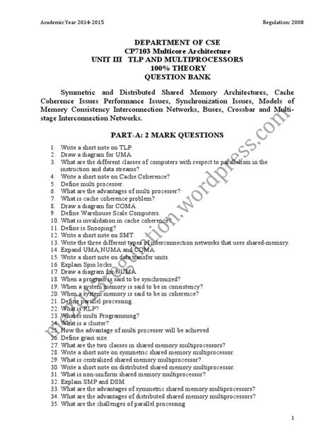 Department Of Cse Cp7103 Multicore Architecture Unit Iii Tlp And Multiprocessors 100 Theory