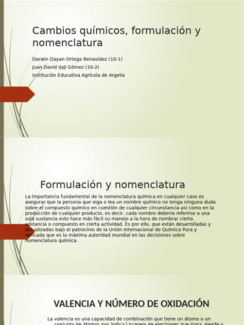 Cambios Químicos Formulación Y Nomenclatura Darwin Ortega Pdf