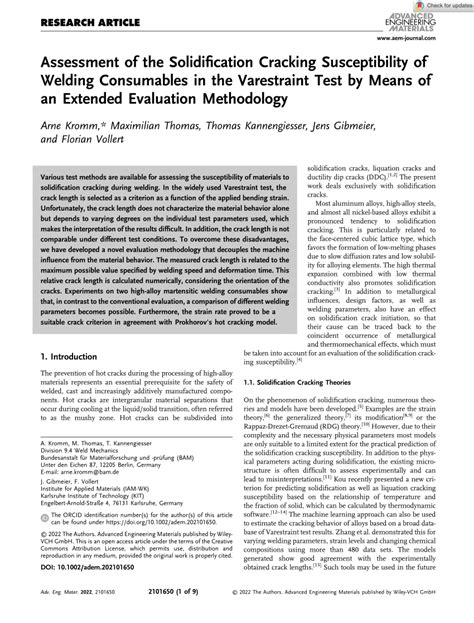 Pdf Assessment Of The Solidification Cracking Susceptibility Of Welding Consumables In The