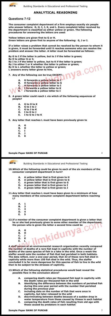NTS Sample Past Papers Bank Of Punjab Analytical Reasoning