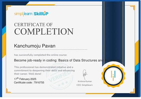 successfully completed my certification in data structures and algorithms kanchumoju pavan
