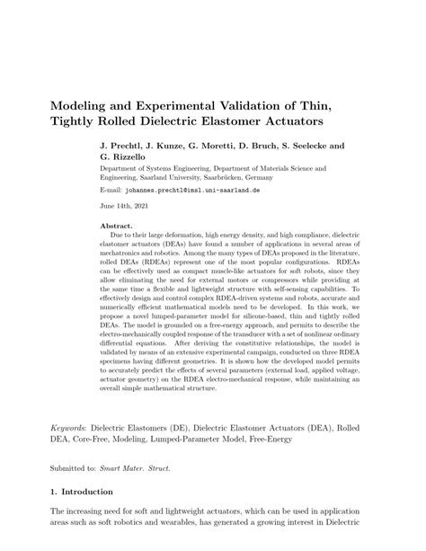 Pdf Modeling And Experimental Validation Of Thin Tightly Rolled Dielectric Elastomer Actuators