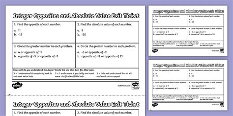 Seventh Gr Integer Opposites And Absolute Value Exit Ticket