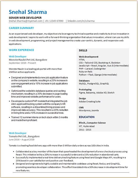 experienced web developer best resume format