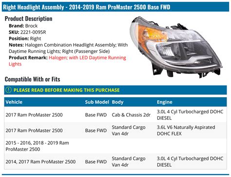 2014 2019 Ram Promaster 2500 Headlight Assembly Brock 2221 0095r