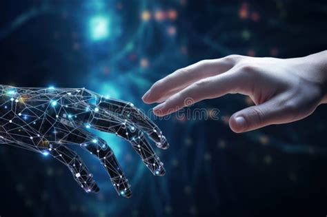 ai machine learning hands of robot and human touching on big data
