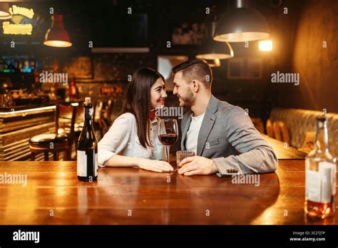 Romantic Evening In Bar Love Couple Kissing At Wooden Counter Lovers Leisures In Pub Husband