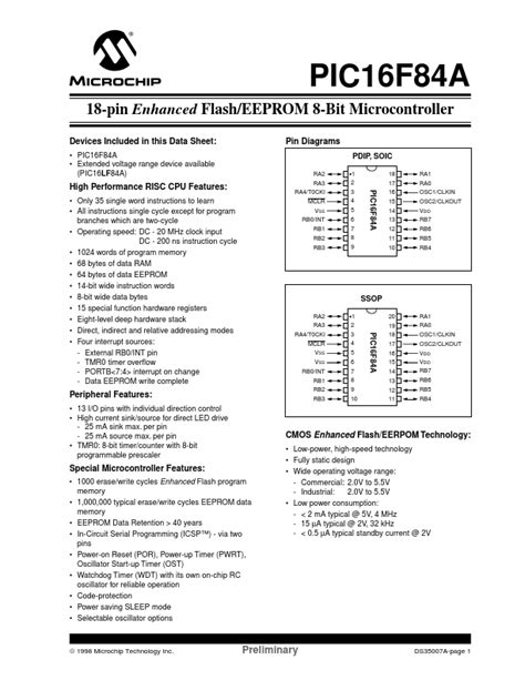 16f84a Datasheet 16f84a Microchiptechnology Pdf 18 Pin Enhanced Flash Eeprom 8 Bit