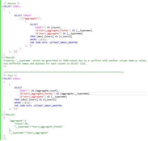[v2 0 0 beta 2][mssql] sql query fails on building json with aggregate and typename on every