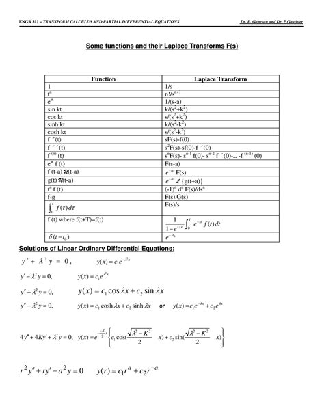 Engr311 Formula Summer 2013 Engr 311 Transform Calculus And Partial