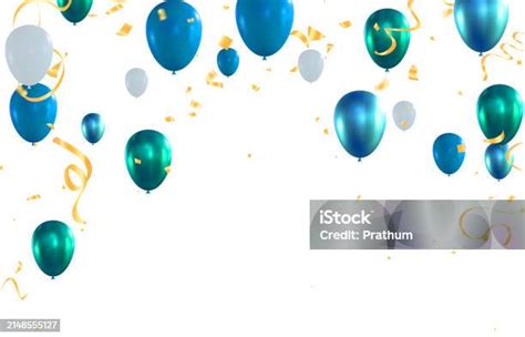 흰색 배경에 색종이 조각과 리본이 있는 파란색 풍선입니다 벡터 일러스트 레이 션입니다 3차원 형태에 대한 스톡 벡터 아트 및 기타 이미지 3차원 형태 개체 그룹