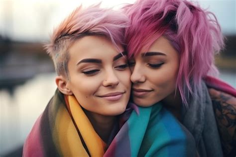 カラフルに髪を染めた若い女性のレズビアン カップル Lgbt コミュニティ Z 世代とスタイルのある自由と誇りを持つ Lgbt 人々 生成